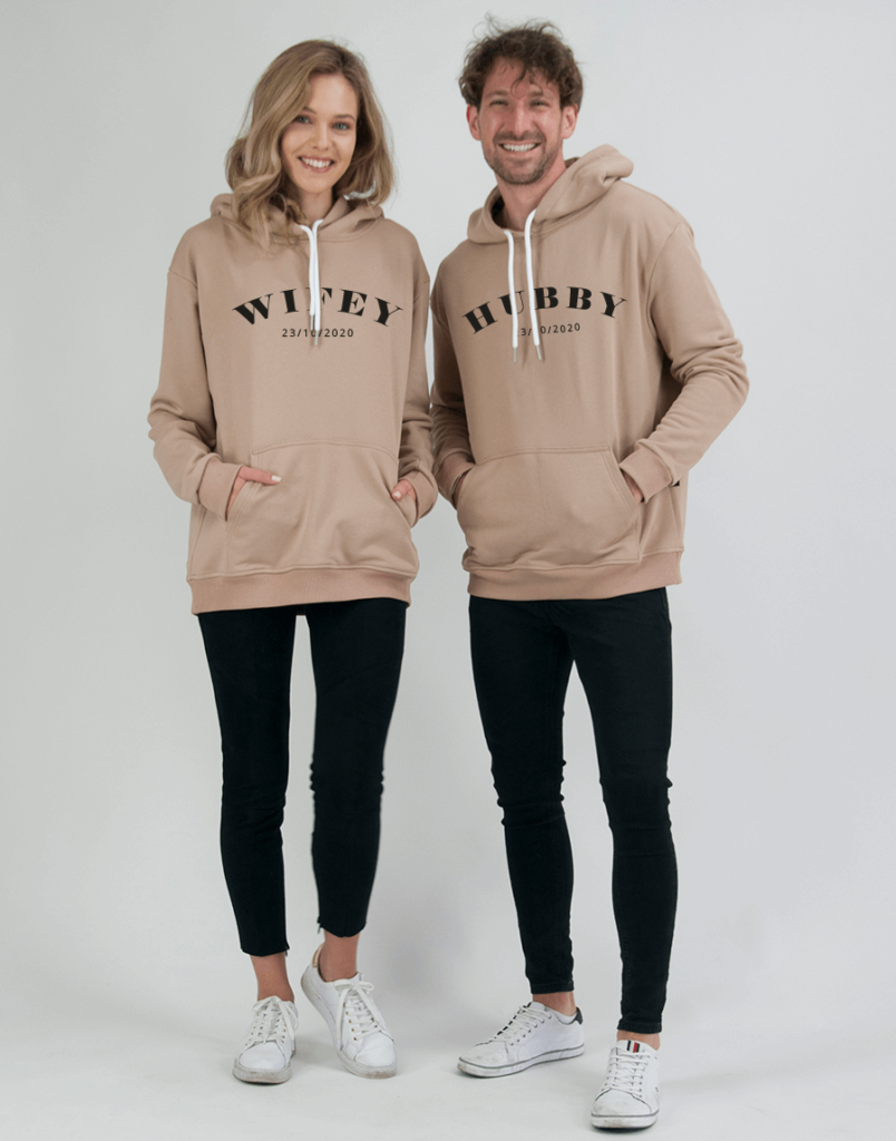 BLUZY DLA PAR Z KAPTUREM WIFEY HUBBY latte - 123koszulki.pl